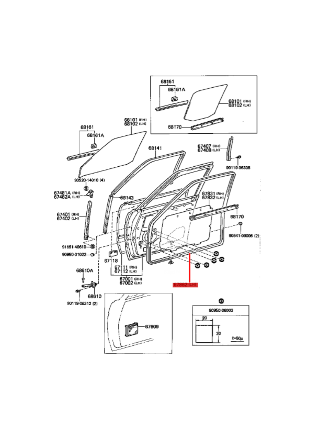 FRONT LEFT EXTERIOR DOOR SEAL FOR J6 TOYOTA LAND CRUISER, ORIGINAL.